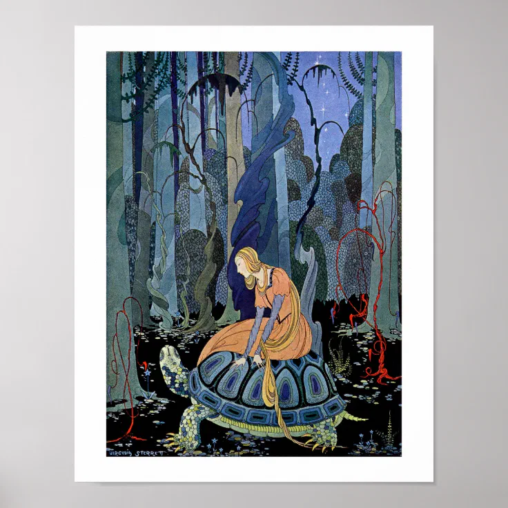 Woman sitting on a tortoise poster | Zazzle
