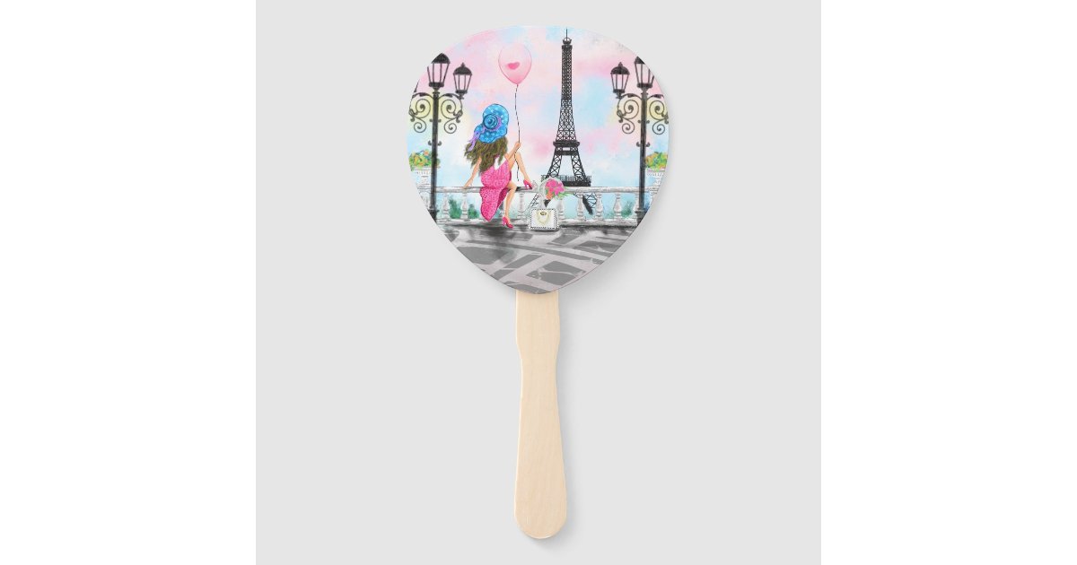 Woman with Pink Heart Balloon In Paris Hand Fan | Zazzle
