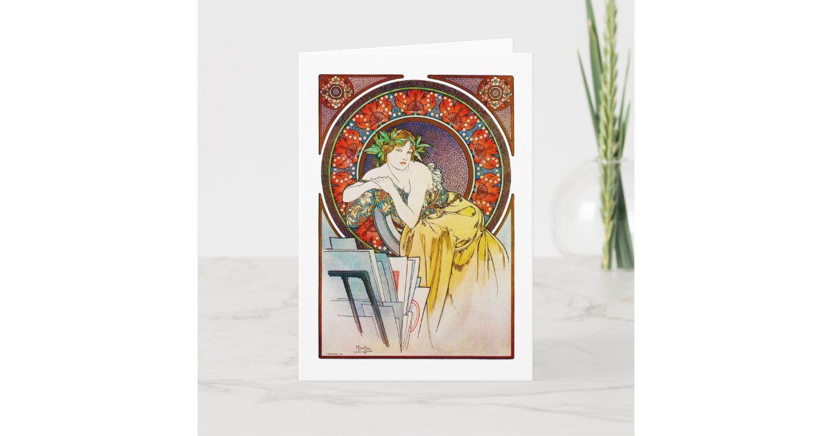 Woman with Poppy, Mucha Card | Zazzle