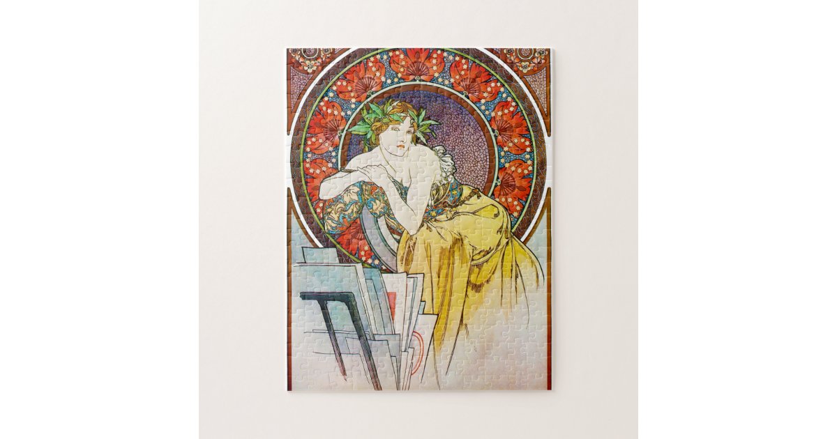 Woman with Poppy, Mucha Jigsaw Puzzle | Zazzle
