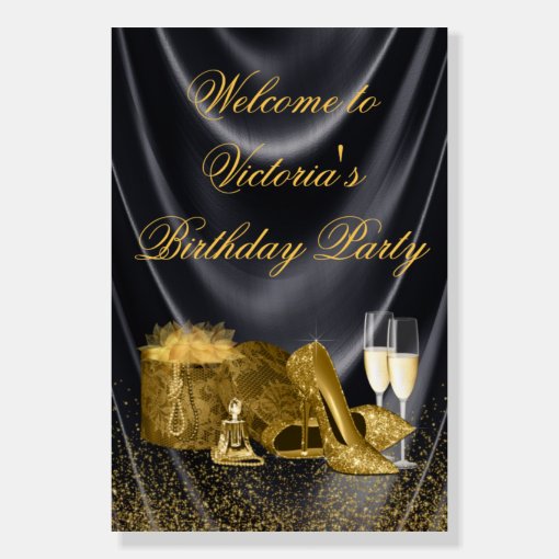 Womans Black Gold Birthday Party Welcome Sign | Zazzle