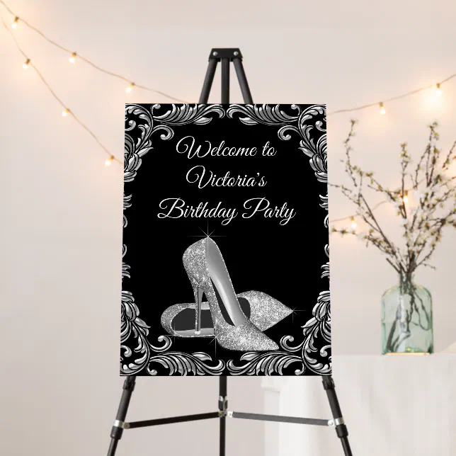 Womans Black Silver Birthday Party Welcome Sign | Zazzle