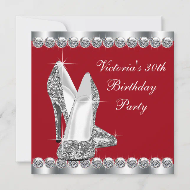 Womans Elegant Silver and Red Birthday Party Invitation | Zazzle