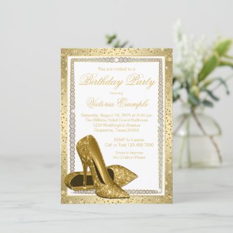 Womans Elegant White Gold High Heel Shoe Birthday Invitation | Zazzle
