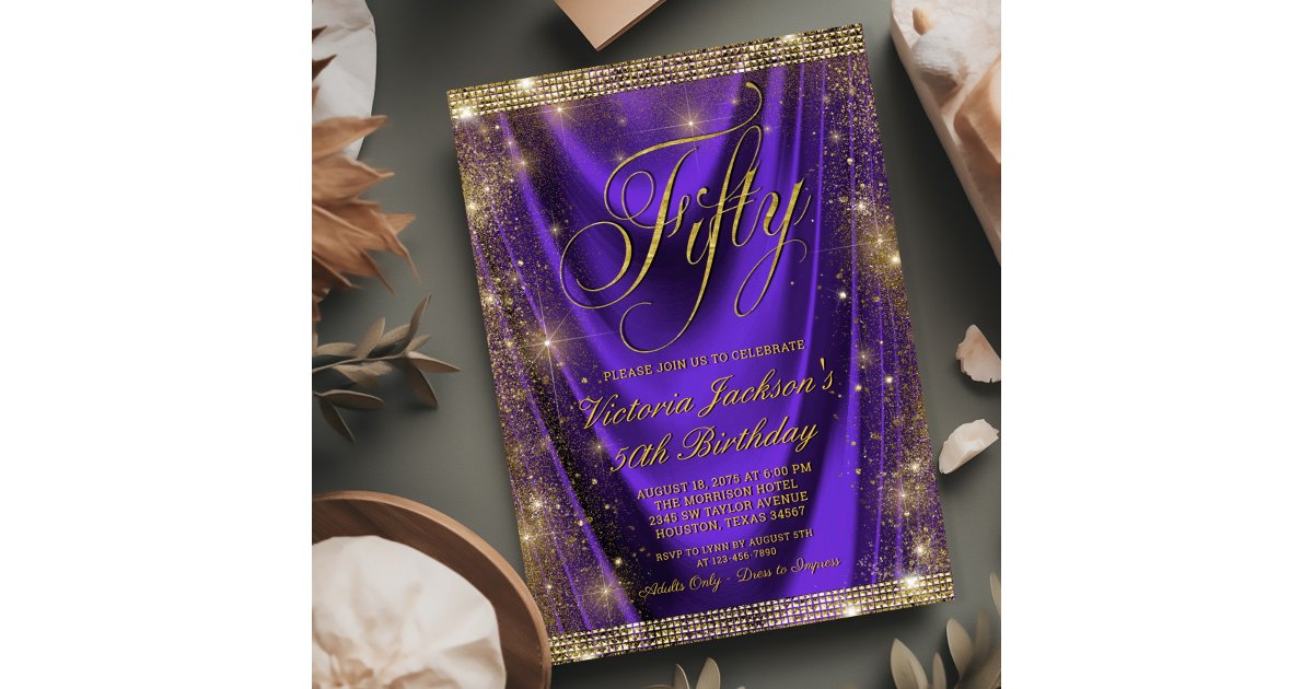 Womans Glam Purple Gold 50th Birthday Invitation | Zazzle