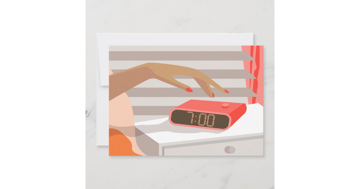 Womans hand pushing on alarm clock snooze button invitation | Zazzle