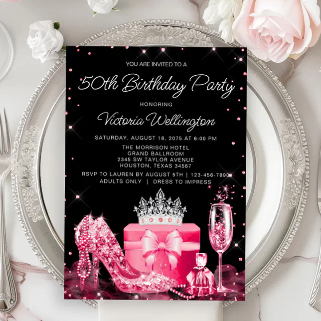 Womans Hot Pink Any Number Birthday Party Invitation | Zazzle