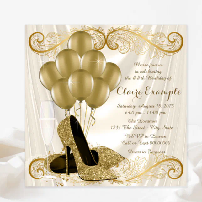 Womans Ivory and Gold Birthday Party Glamour Satin Invitation | Zazzle