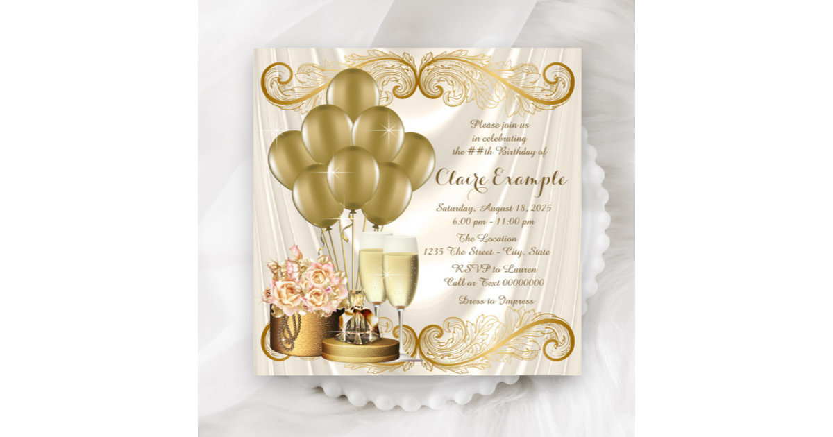 Womans Ivory and Gold Birthday Party Invitation | Zazzle
