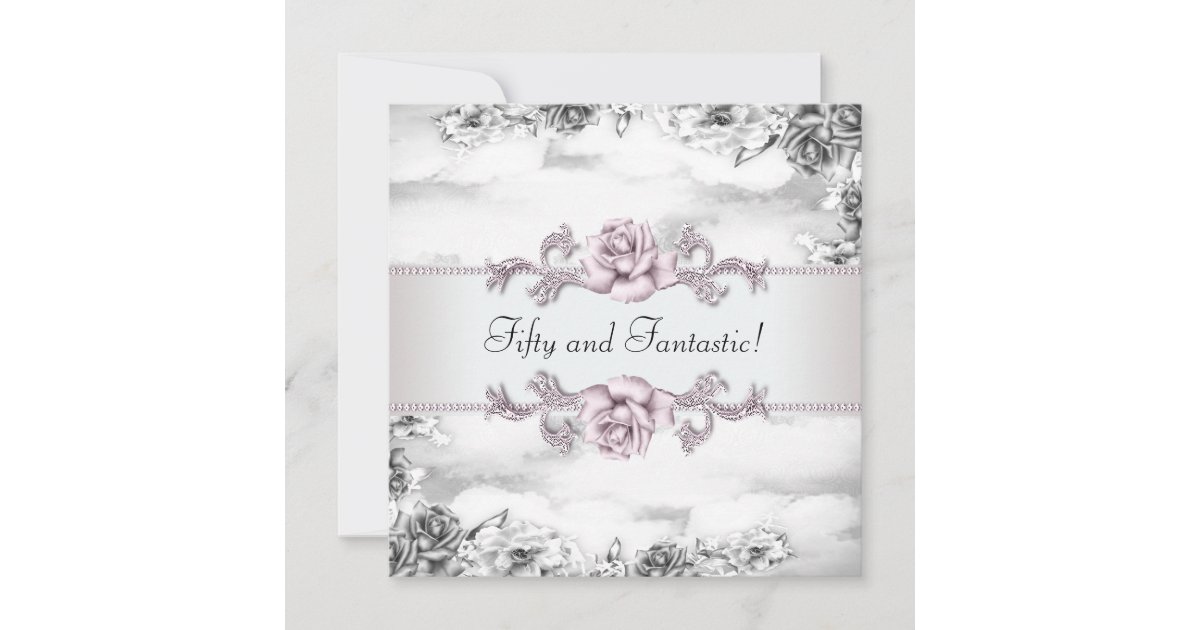 Womans Pink Rose Black White 50th Birthday Party Invitation | Zazzle