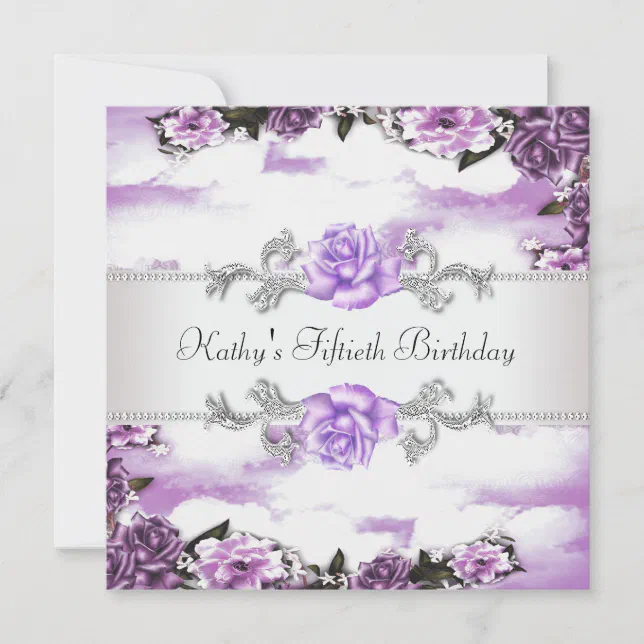 Womans Purple Lavender Roses 50th Birthday Party Invitation | Zazzle