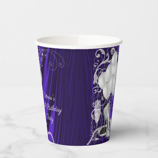 Womans Purple Silver Birthday Party Paper Cups | Zazzle