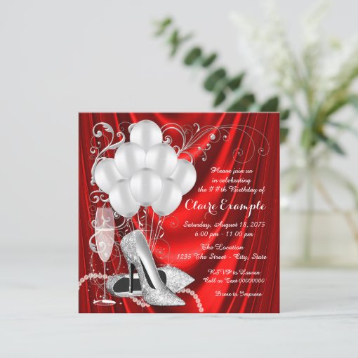 Womans Red and Silver Birthday Party Luxe Invitation | Zazzle
