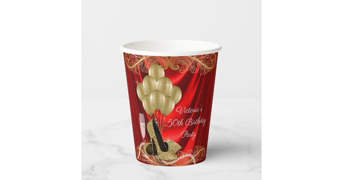 Womans Red Gold Birthday Party Paper Cups | Zazzle