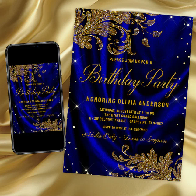 Womans Royal Blue Gold Birthday Party Invitation | Zazzle