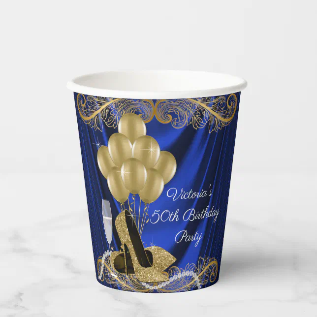 Womans Royal Blue Gold Birthday Party Paper Cups | Zazzle