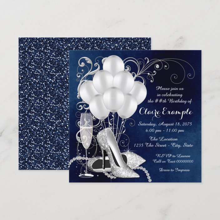 Womans Royal Blue Silver Elegant Birthday Party Invitation | Zazzle.com