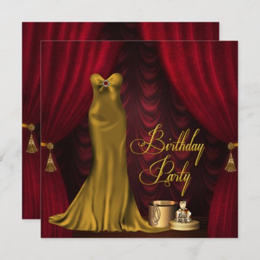 Womans Ruby Red Gold Birthday Party Invitation | Zazzle