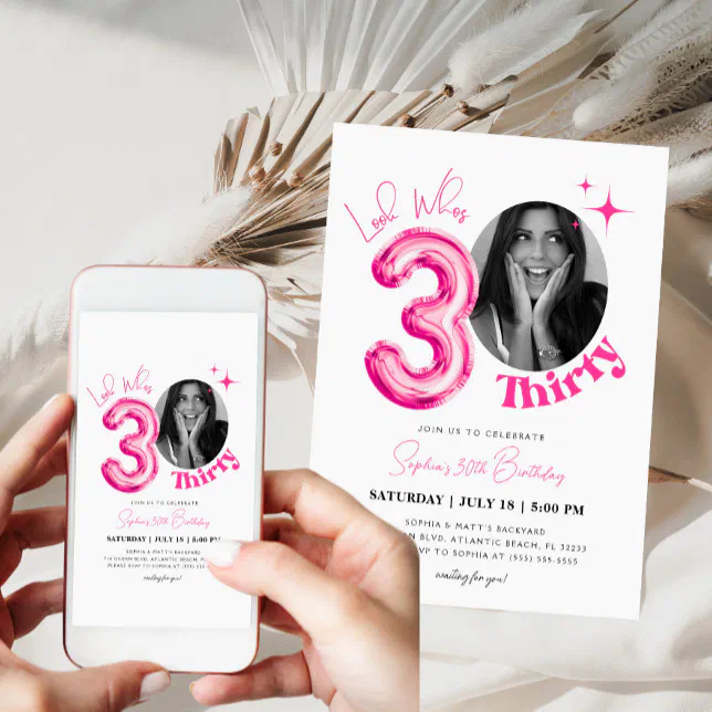 Women 30th Birthday Pink Ballon Modern Photo Invitation | Zazzle