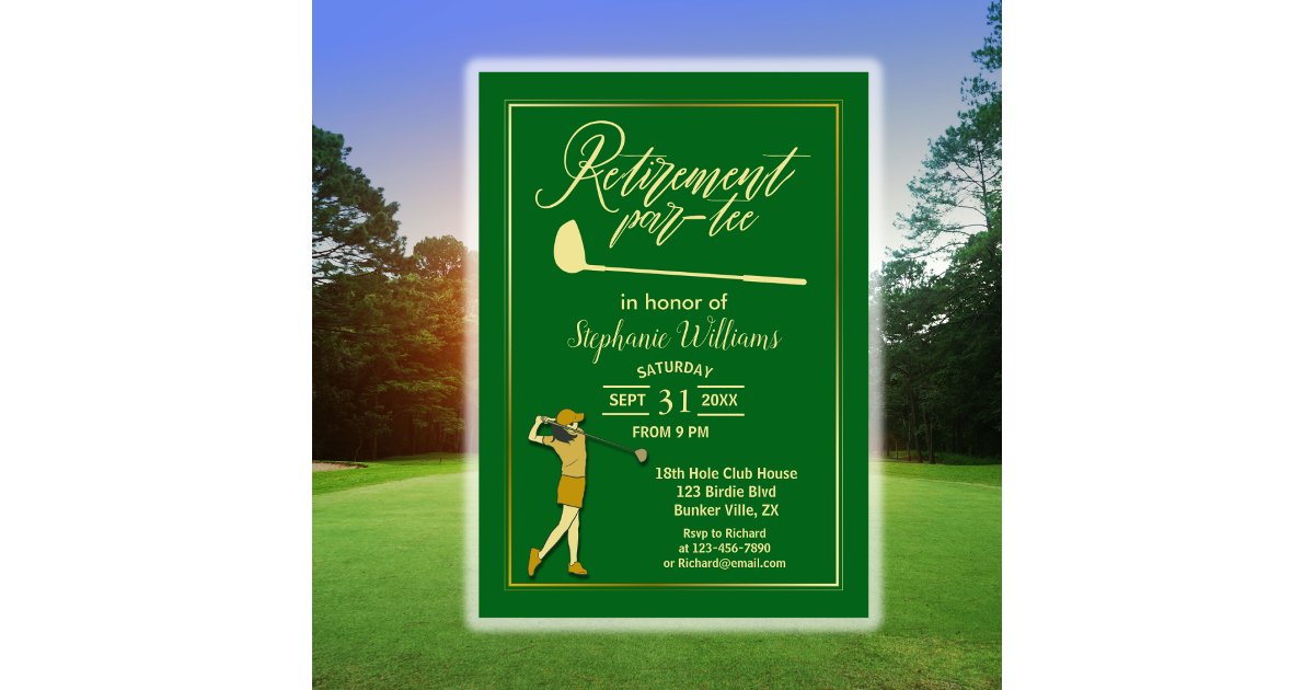 Women Retirement Golf Party Classic Green Golden Invitation | Zazzle