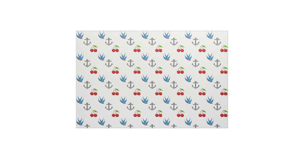 Women's 1950's Bluebird Cherry Anchor Pattern Fabric | Zazzle