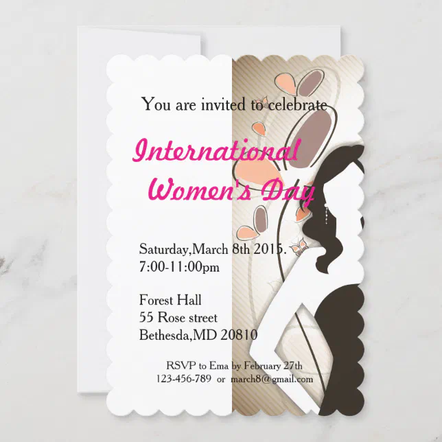 Women's day with lady in black dress invitation | Zazzle