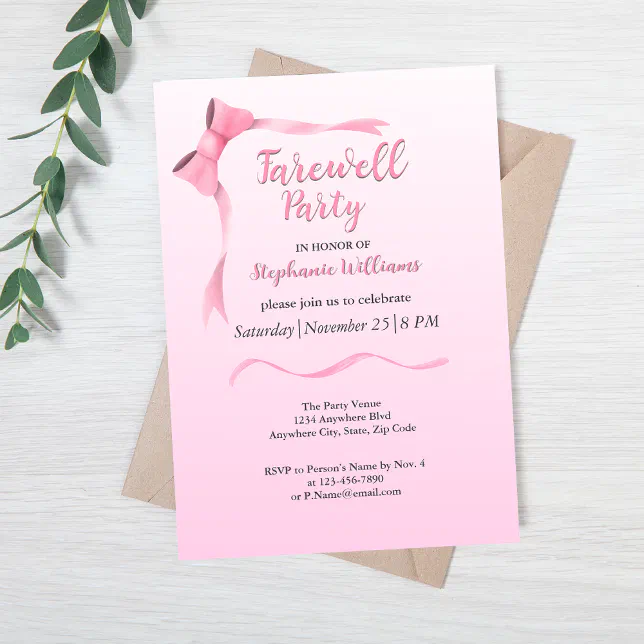 women's farewell elegant pink bow party invitation | Zazzle