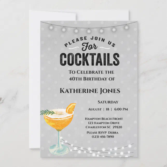 Women's Gray 40th Birthday Cocktail Party Invitation | Zazzle
