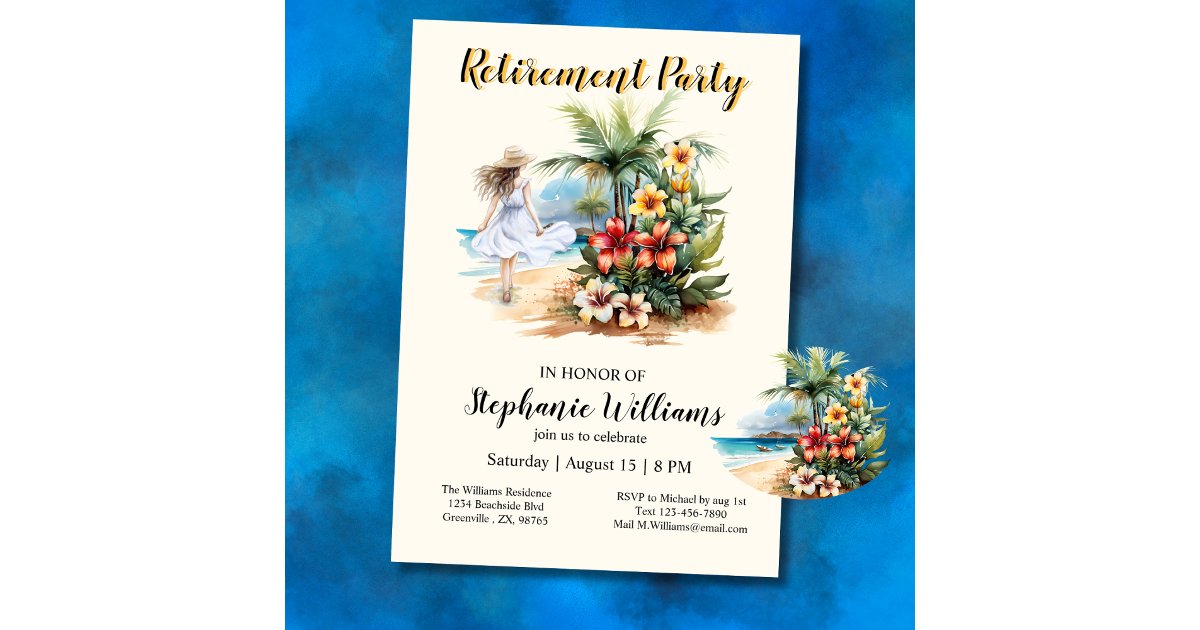 Women's Retirement Beach Aloha Flowers Party Invitation | Zazzle