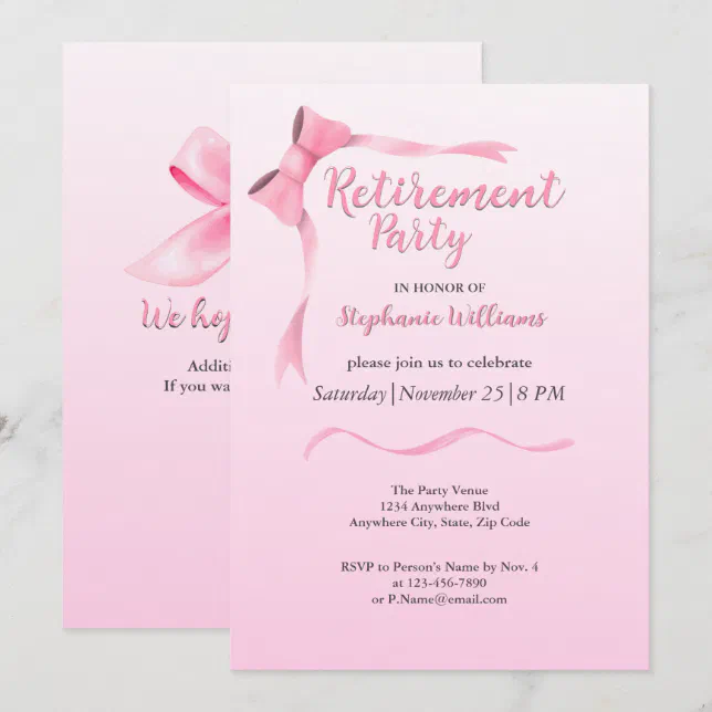 women's retirement elegant pink bow party invitation | Zazzle