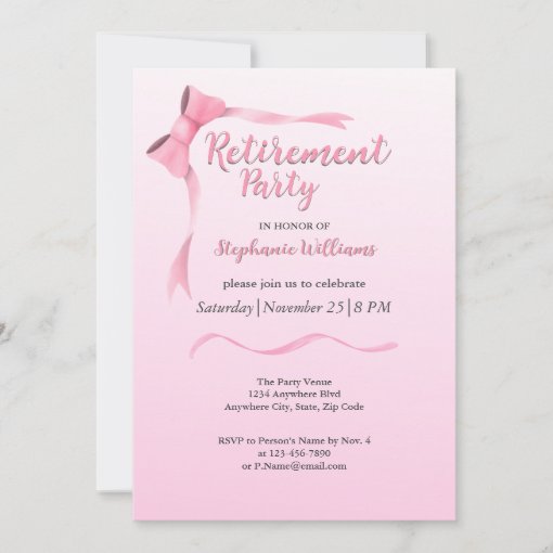 women's retirement elegant pink bow party invitation | Zazzle
