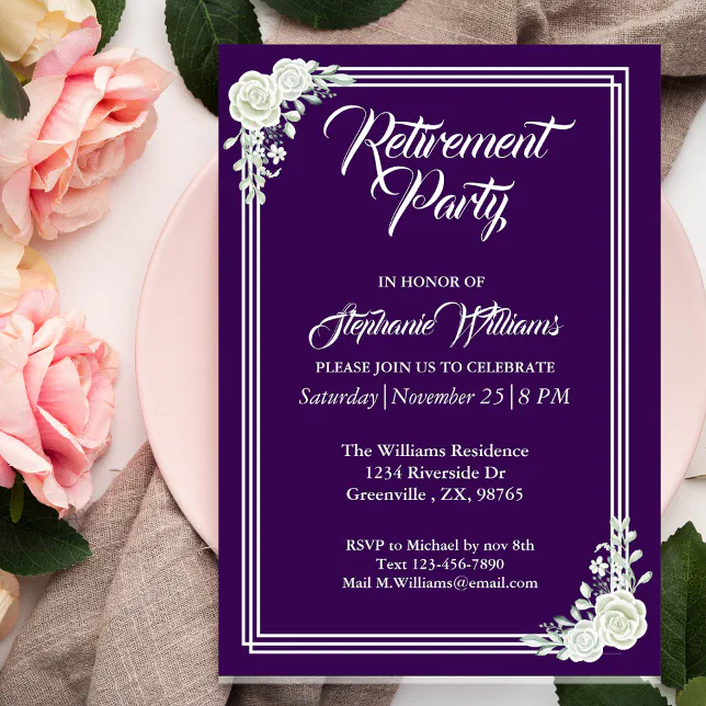 Women's Retirement Elegant Purple Floral Party Invitation | Zazzle
