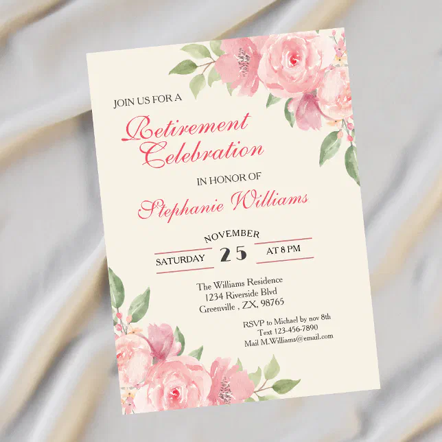 Women's Retirement Floral Elegant Rose Invitation | Zazzle