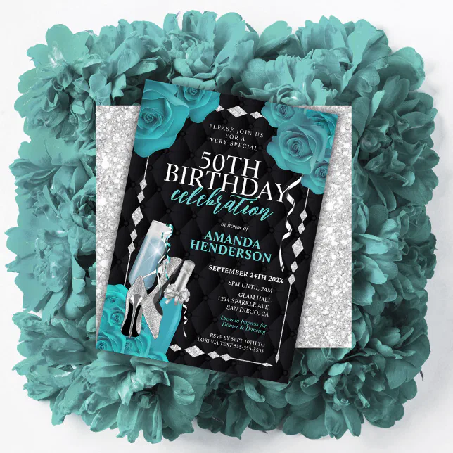 Womens Teal and Silver Birthday Invitation | Zazzle