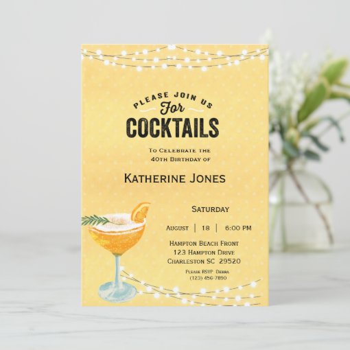 Women's Yellow 40th Birthday Cocktail Party Invitation | Zazzle