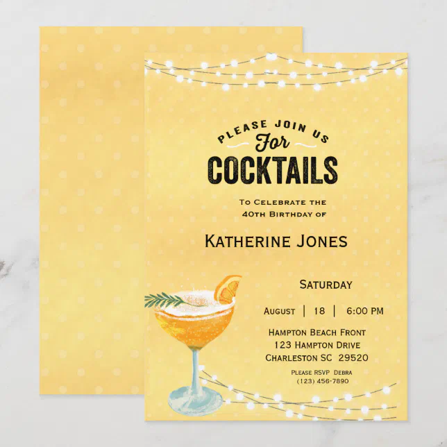 Women's Yellow 40th Birthday Cocktail Party Invitation | Zazzle