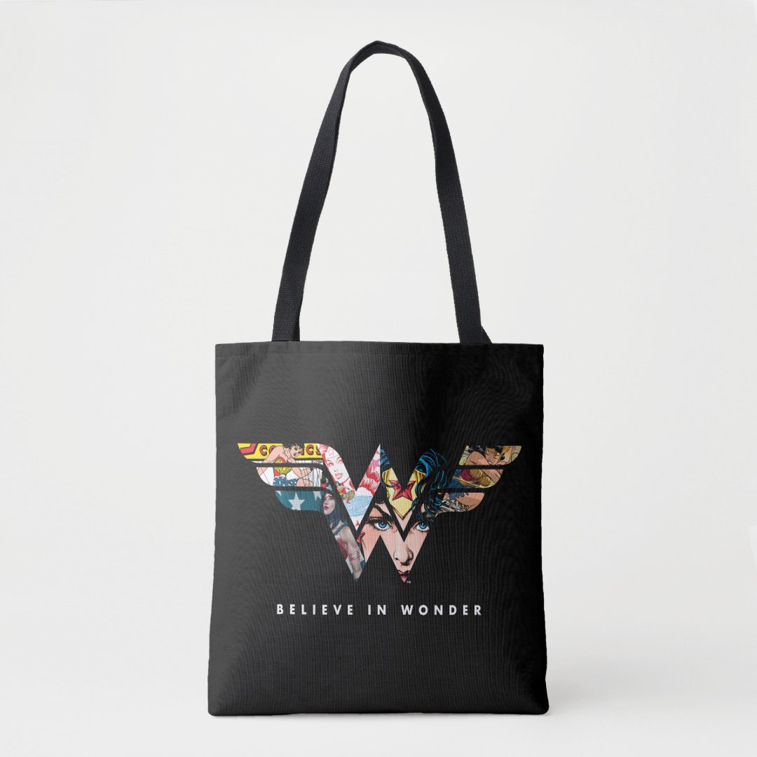 Wonder Woman "Believe In Wonder" Collage Logo Tote Bag | Zazzle