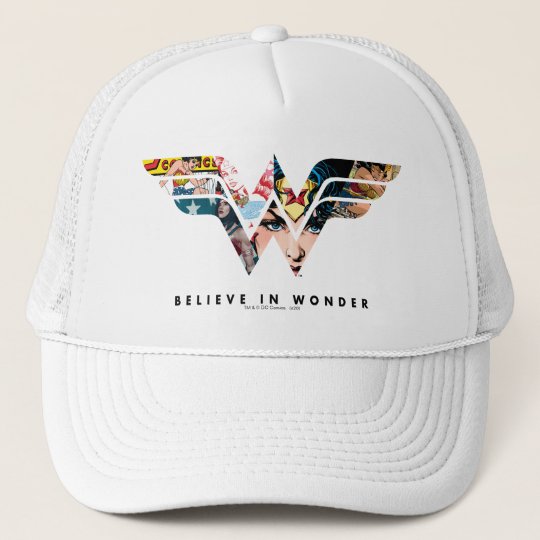 Wonder Woman "Believe In Wonder" Collage Logo Trucker Hat | Zazzle.com