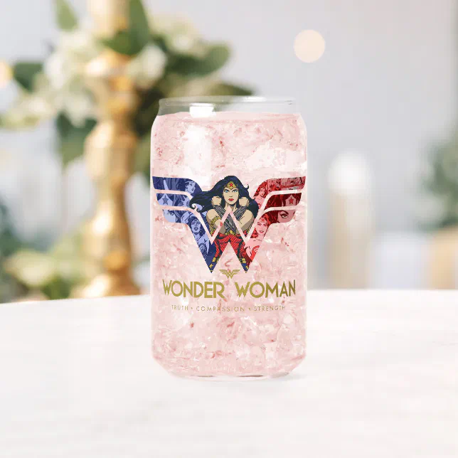 Wonder Woman Crossed Arms in Logo Collage Can Glass | Zazzle