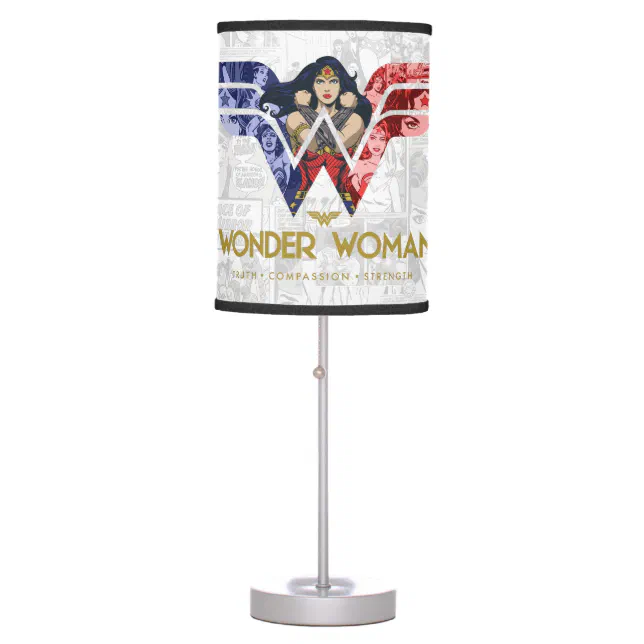 Wonder Woman Crossed Arms in Logo Collage Table Lamp | Zazzle