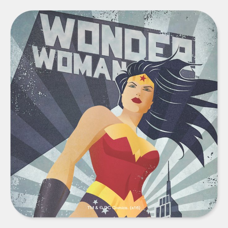 Wonder Woman Retro City Sunburst Square Sticker | Zazzle