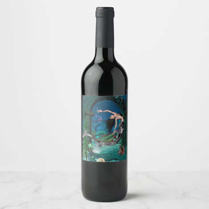 Wonderful mermaid with fantasy fish wine label | Zazzle