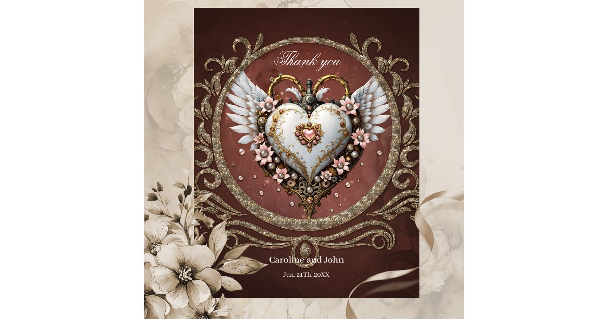 Wonderful noble steampunk heart with wings. thank you card | Zazzle