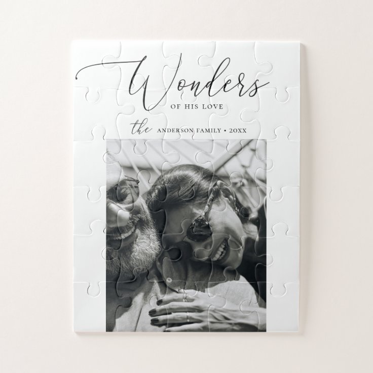 Wonders of his love. Black white Christmas script Jigsaw Puzzle | Zazzle