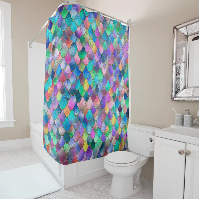 Wonky Rainbow Glitter Metal Mermaid Scales Shower Curtain | Zazzle