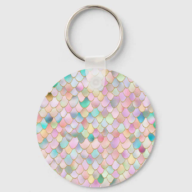 Wonky Trendy Rainbow Girl Metal Mermaid Scales Keychain | Zazzle