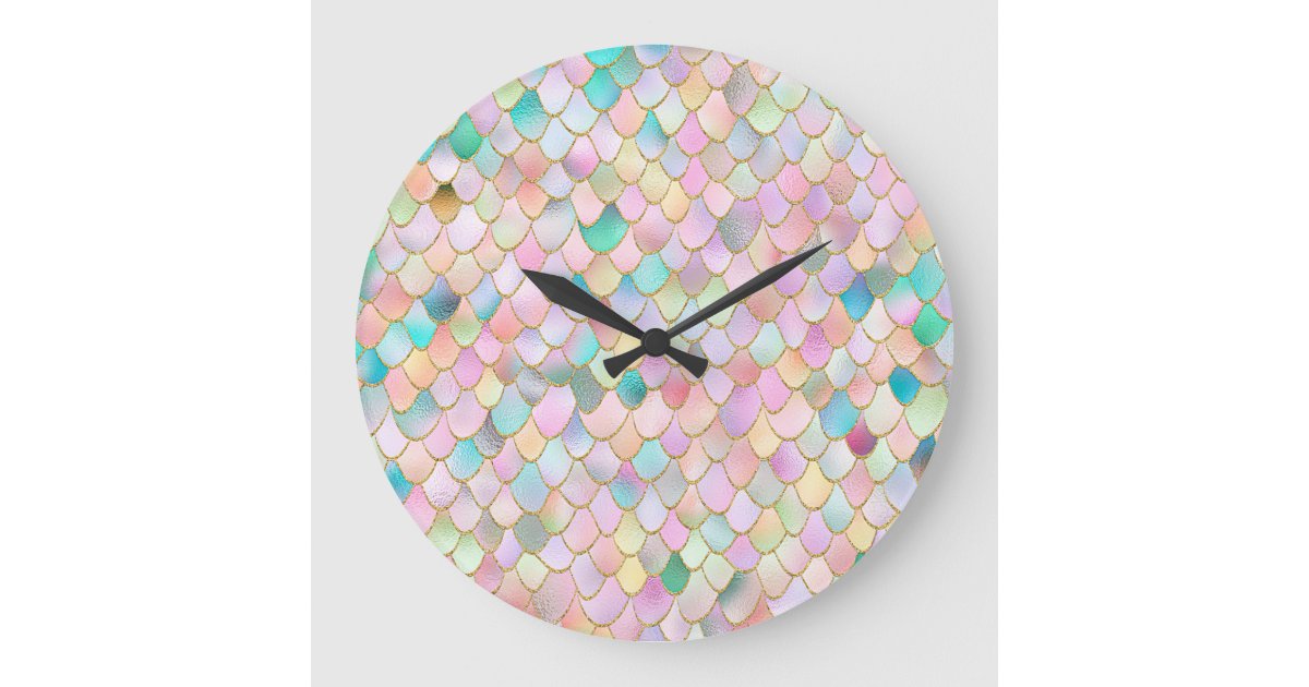 Wonky Trendy Rainbow Girl Metal Mermaid Scales Large Clock | Zazzle