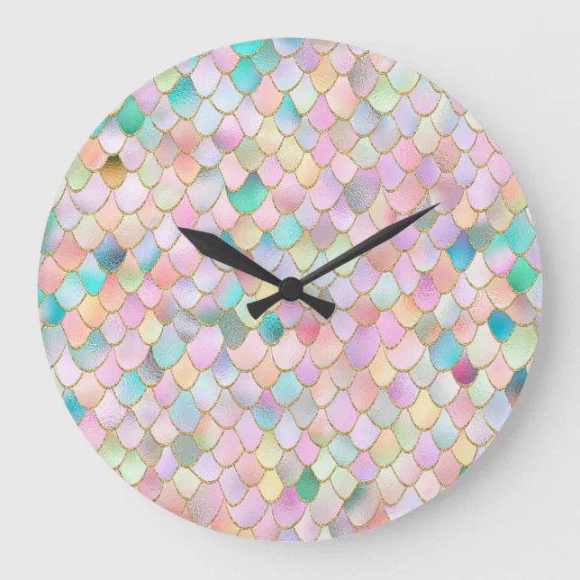 Wonky Trendy Rainbow Girl Metal Mermaid Scales Large Clock | Zazzle