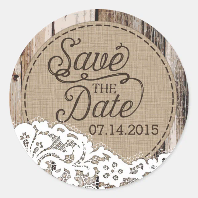 Wood and Lace Rustic Save the Date Label | Zazzle