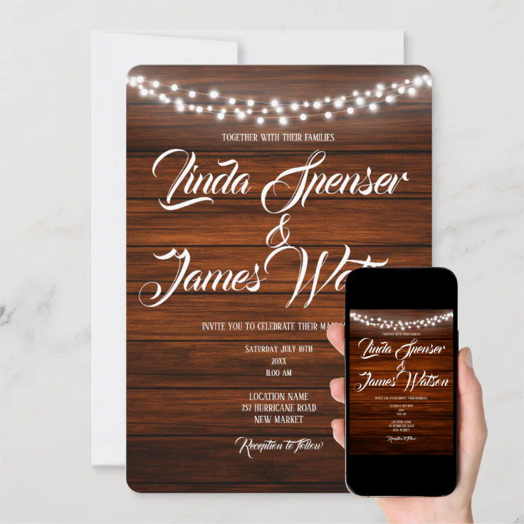 Wood and Lights Rustic Country Wedding Invitation | Zazzle